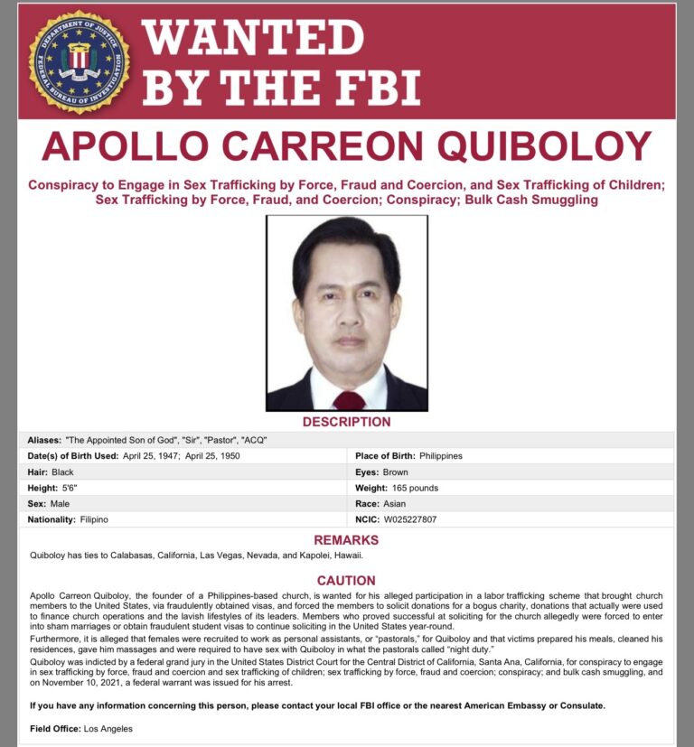 FBI renews call for tips on Quiboloy in human trafficking case